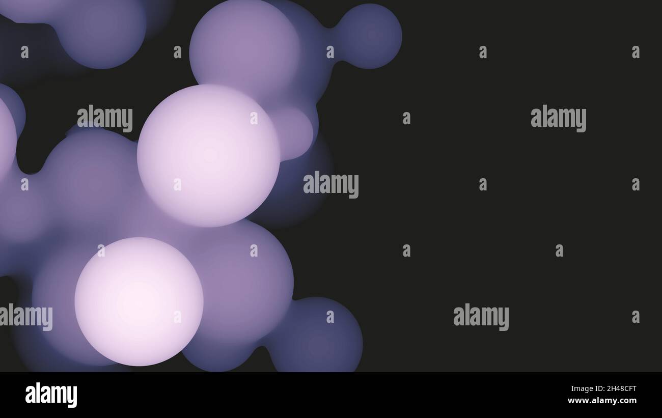 Abstract 3d fluid metaball shape with violet balls. Synthwave liquid pastel organic droplets ...