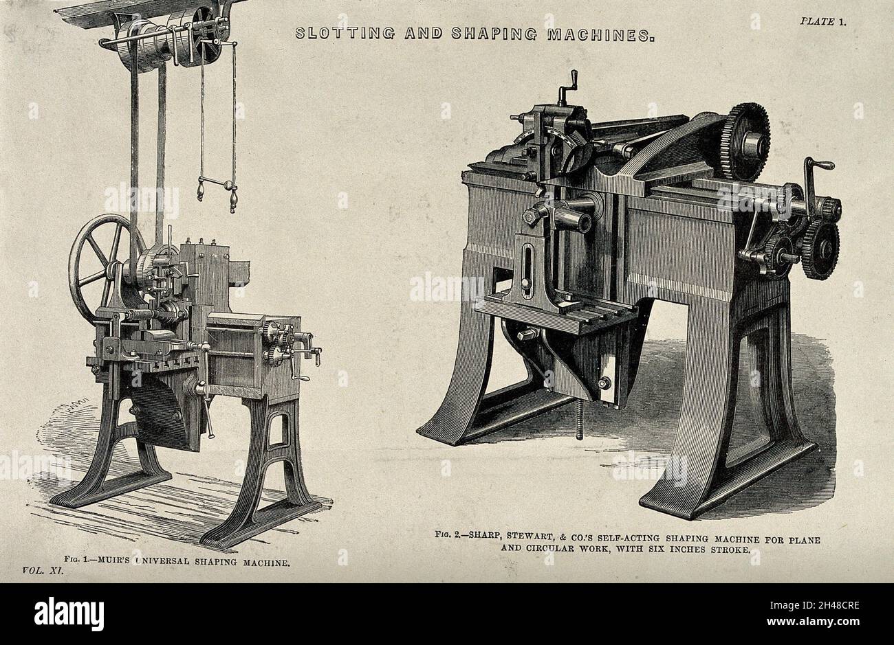 Engineering: three-quarter views of two milling machines. Engraving, c ...