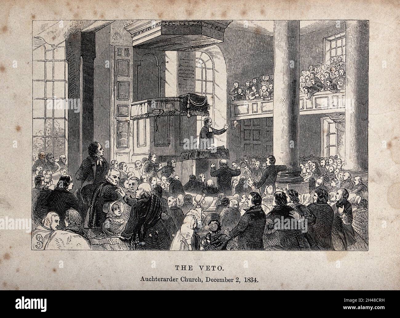 A vicar gives a sermon in a crowded church. Wood engraving Stock Photo ...