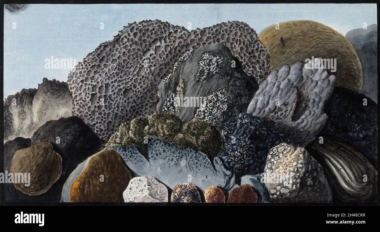 Lava, scoriae and pumice from Mount Vesuvius. Coloured etching by ...