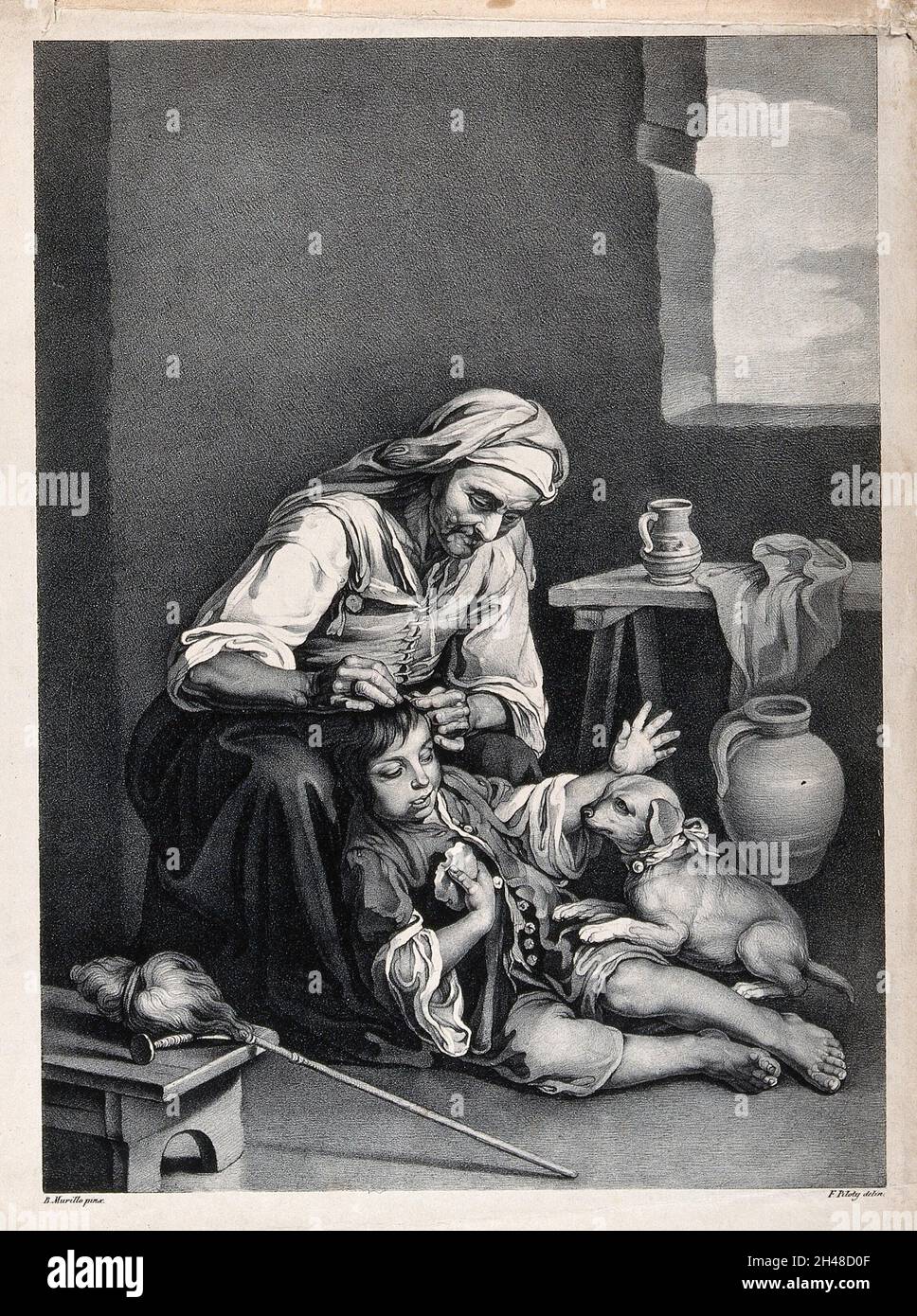 An old woman picking fleas from a boy's hair. Lithograph by F. Piloty ...