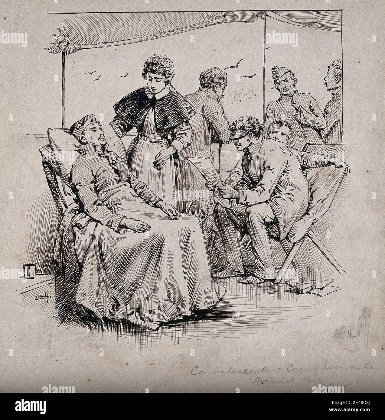 A nurse with convalescent soldiers on the deck of a hospital ship. Pen ...