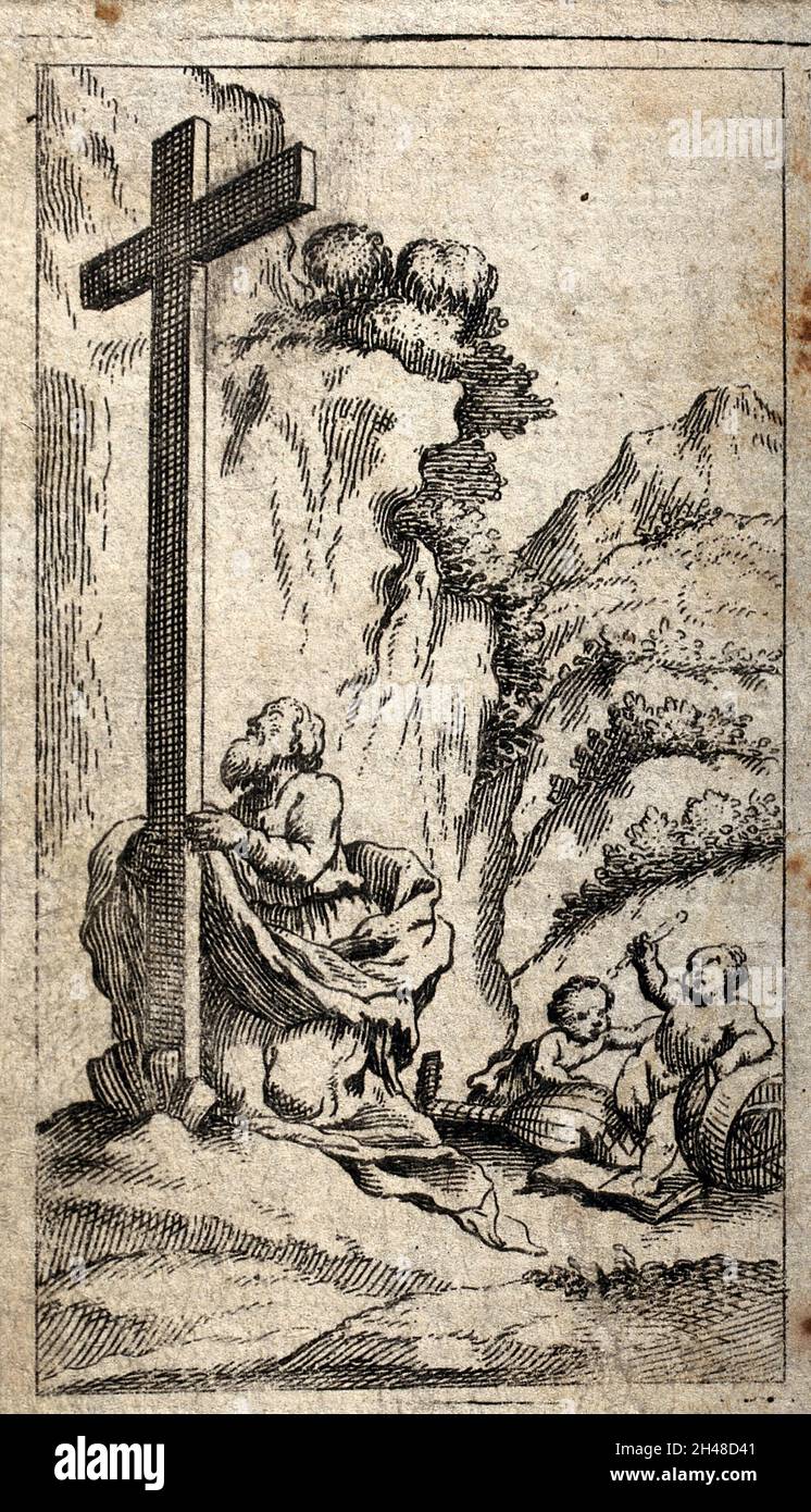 A hermit in devotion before the Cross, turning his back on children ...