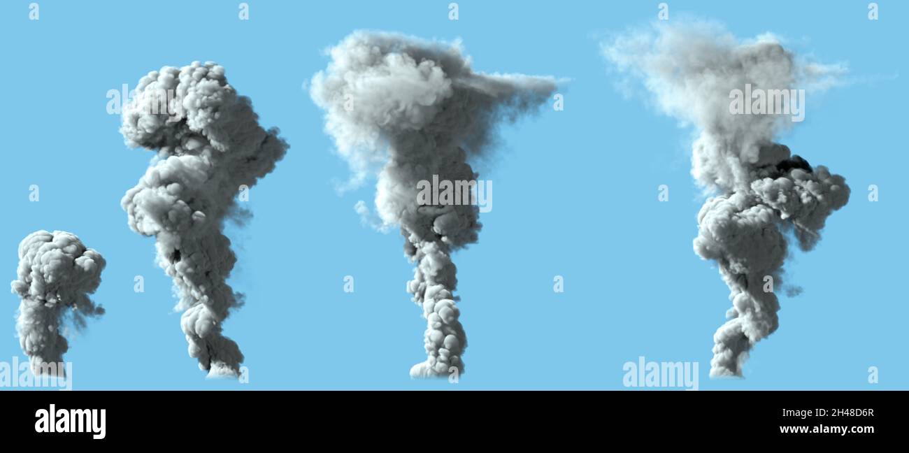 4 renders of solid bright smoke column as from volcano or big ...