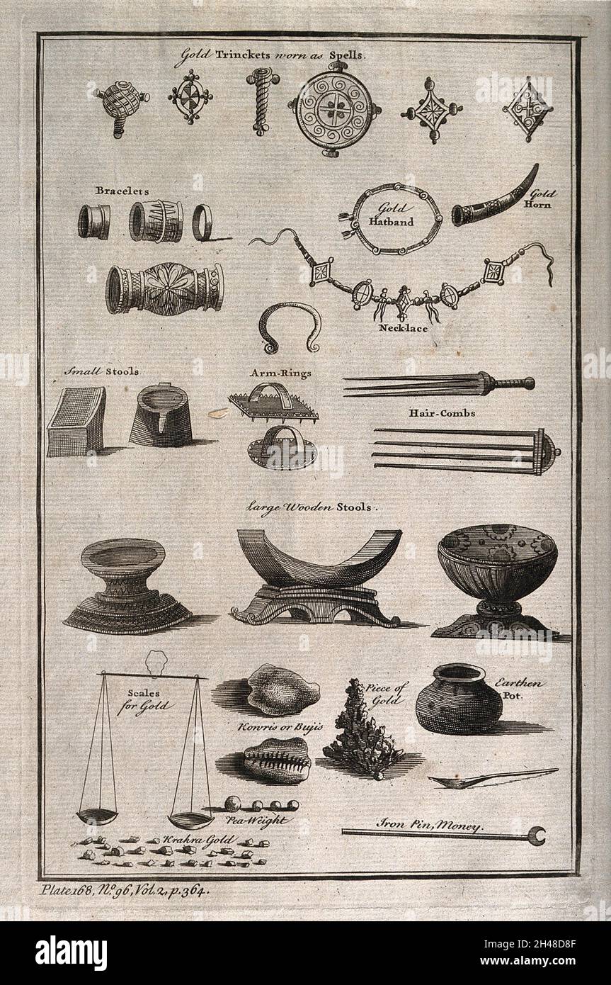 Various gold trinkets, pieces of gold jewelry, gold amulets, stools ...