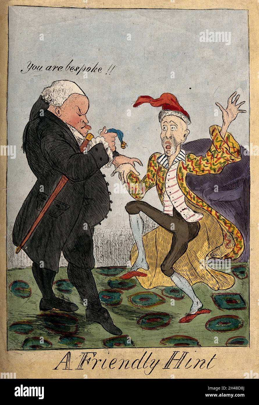 A grumpy physician taking the pulse of an alarmed man. Coloured etching ...