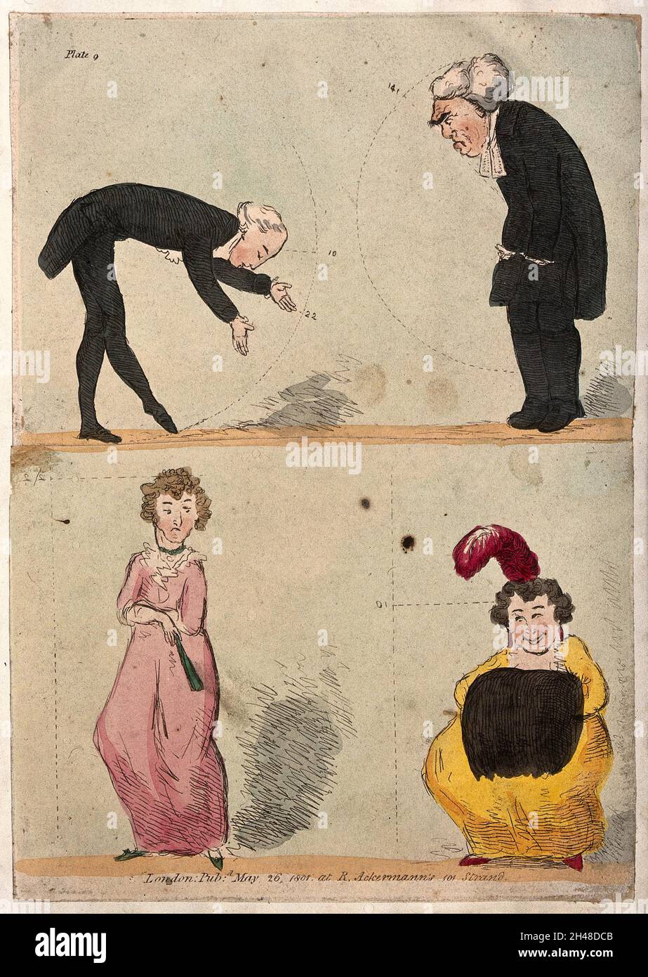 A man is being taught how to bow, and a woman how to curtsey. Coloured ...