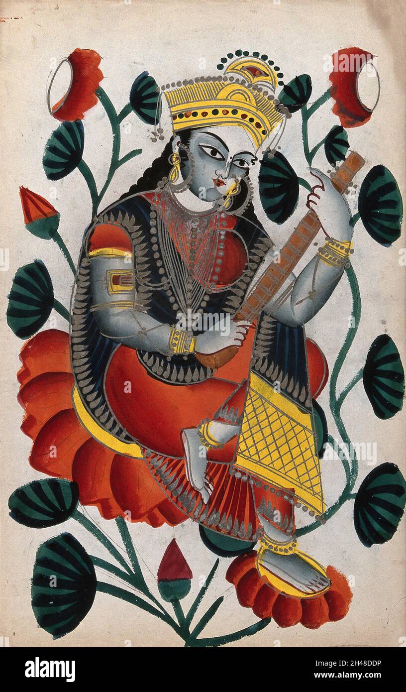 Sarasvati sitting on lotuses plying her vina. Watercolour drawing Stock ...