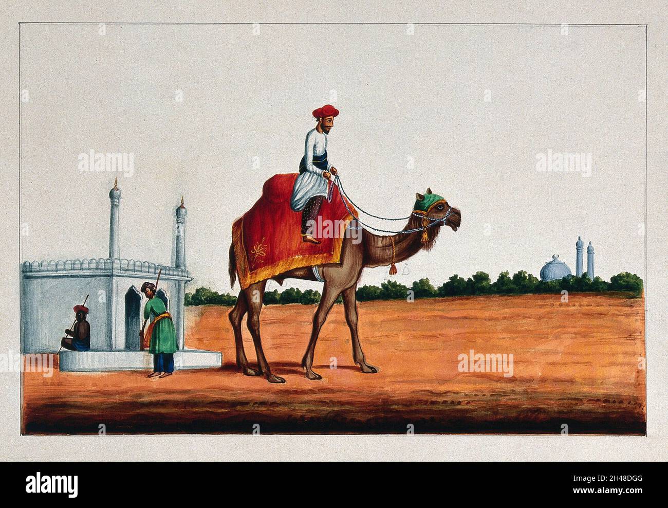 An Indian man riding a camel. Gouache painting by an Indian painter ...