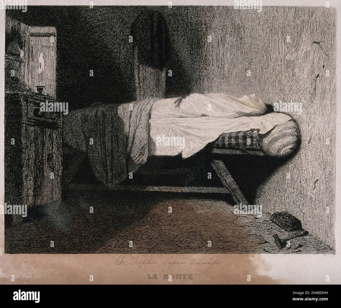 A covered corpse lying on a bed. Etching by Ch. Chaplin after Louis ...