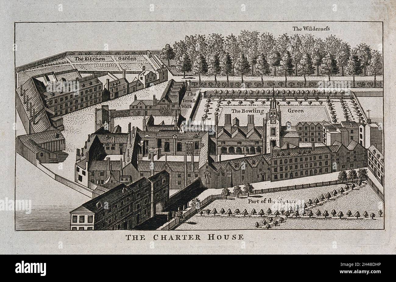 The Charterhouse, London: a bird's-eye view. Engraving Stock Photo - Alamy