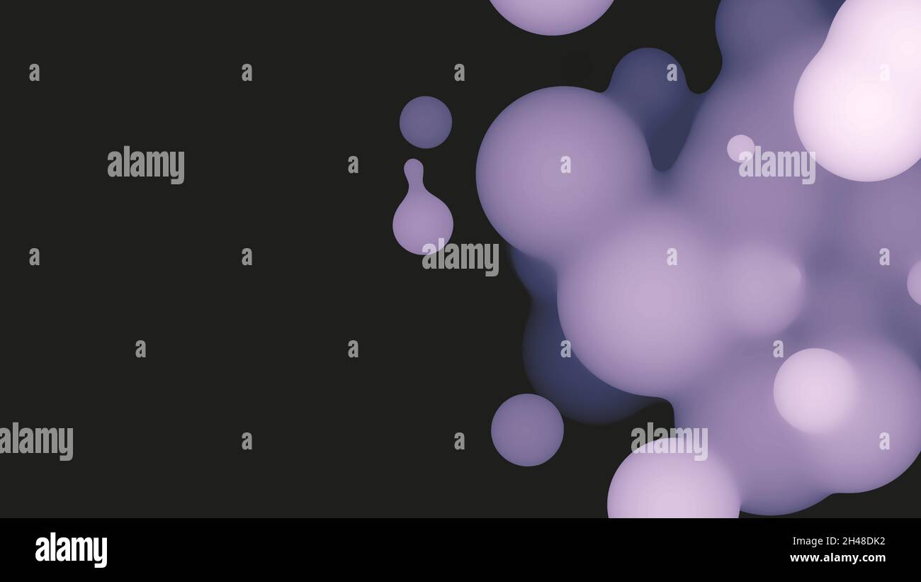 Abstract 3d fluid metaball shape with violet balls. Synthwave liquid pastel organic droplets ...