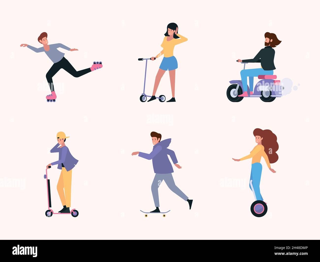 Riding characters. Urban transport people electric bike scooter ...