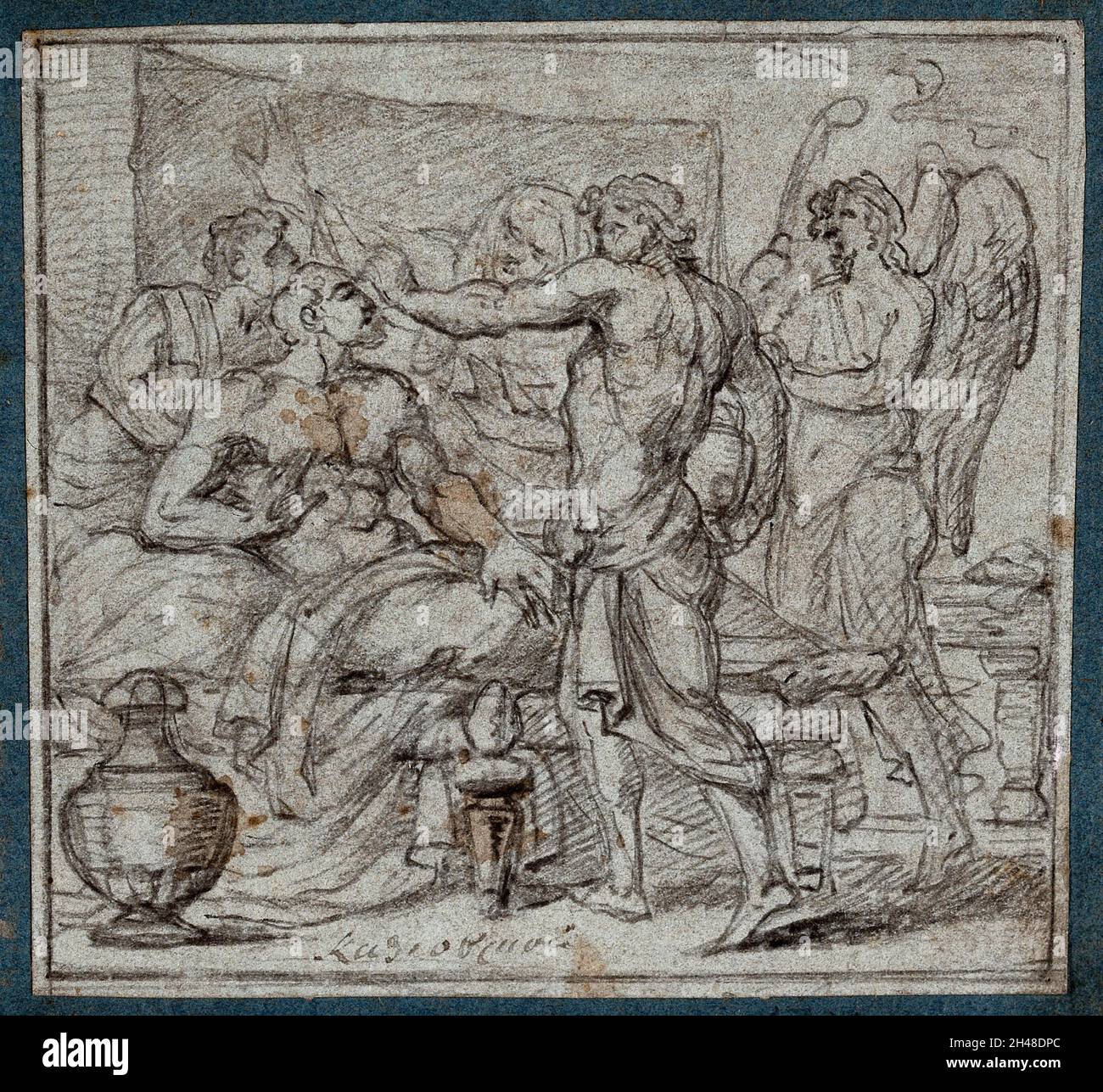 Tobias anointing his father Tobit's eyes. Black chalk drawing Stock ...