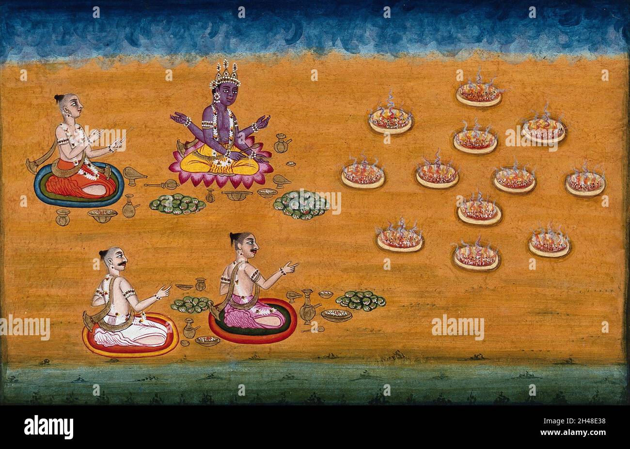 A four armed deity and three priests sit facing twelve sacrificial ...