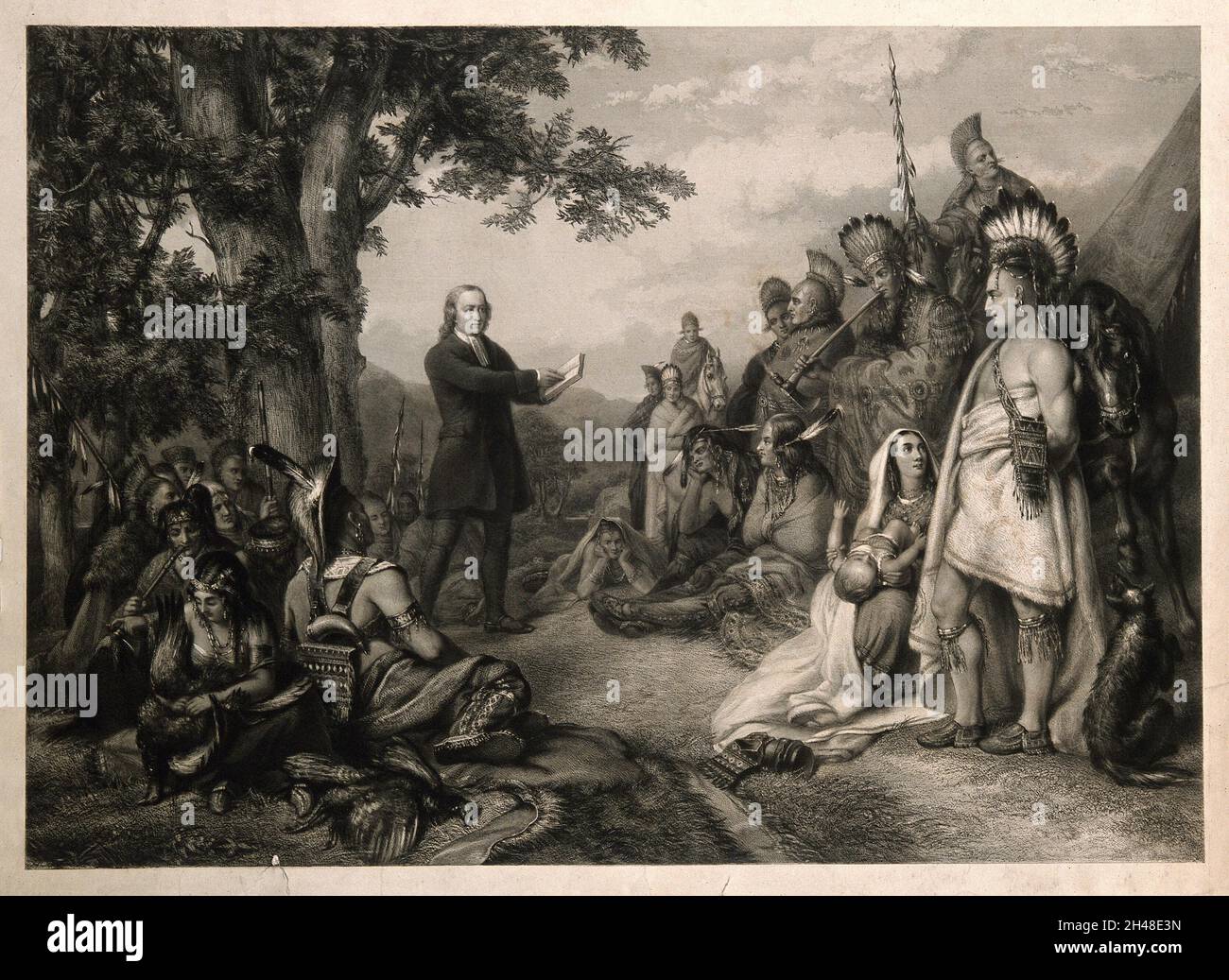 John Wesley preaching to native American Indians. Engraving Stock Photo ...