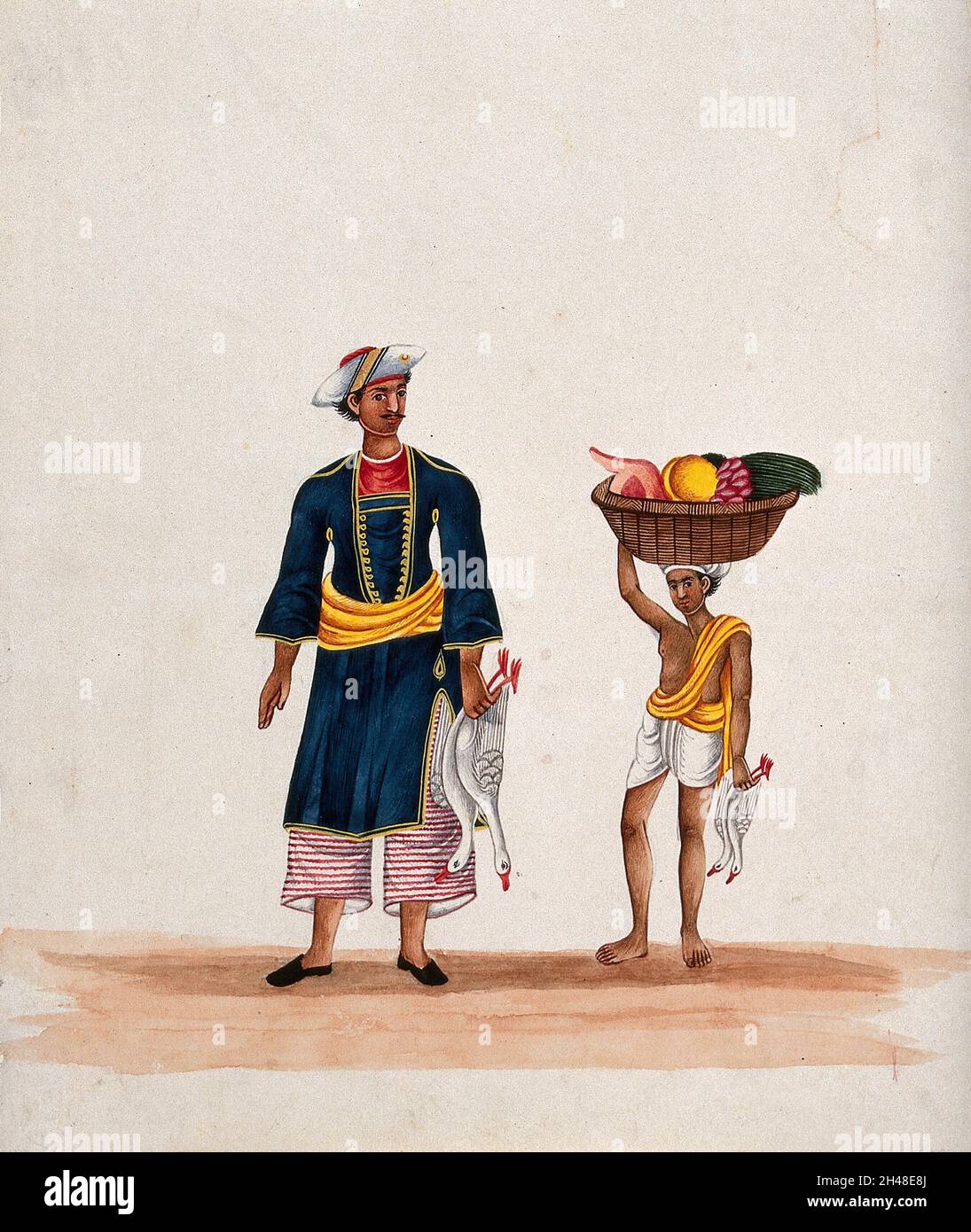 A man carrying two ducks followed by a servant carrying a basket of ...