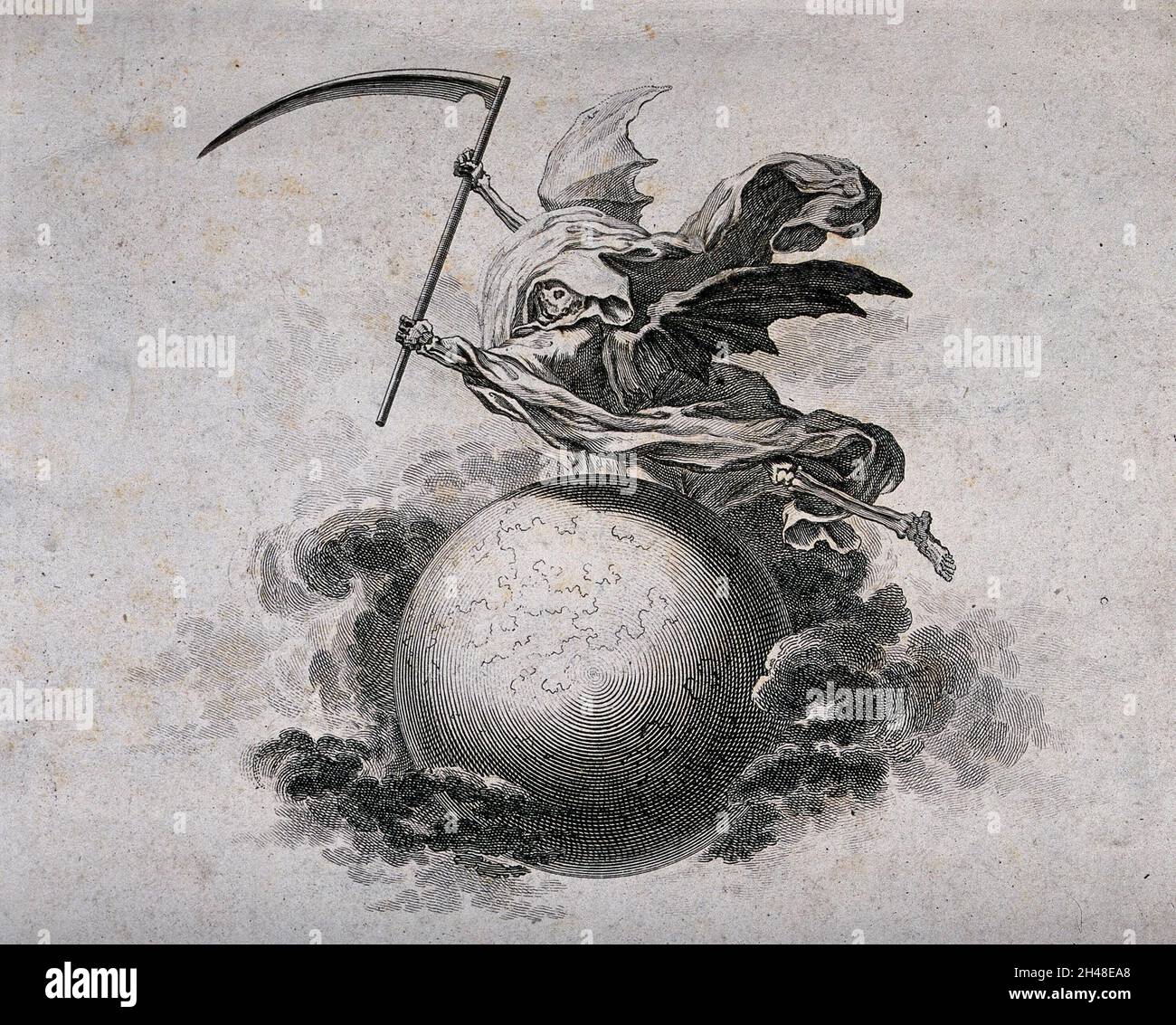 A winged skeleton holding a scythe flies above a globe. Etching Stock ...