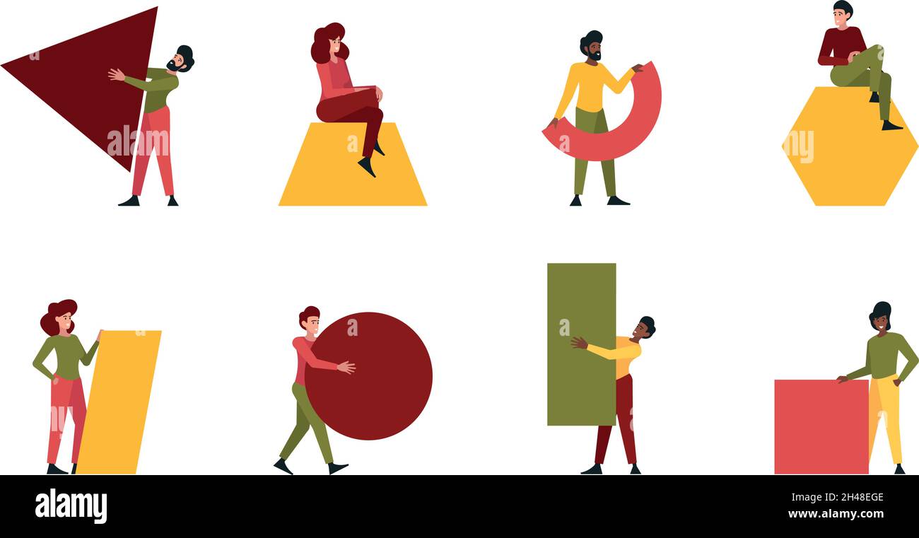 People holding shapes. Abstract characters standing walking and holding ...