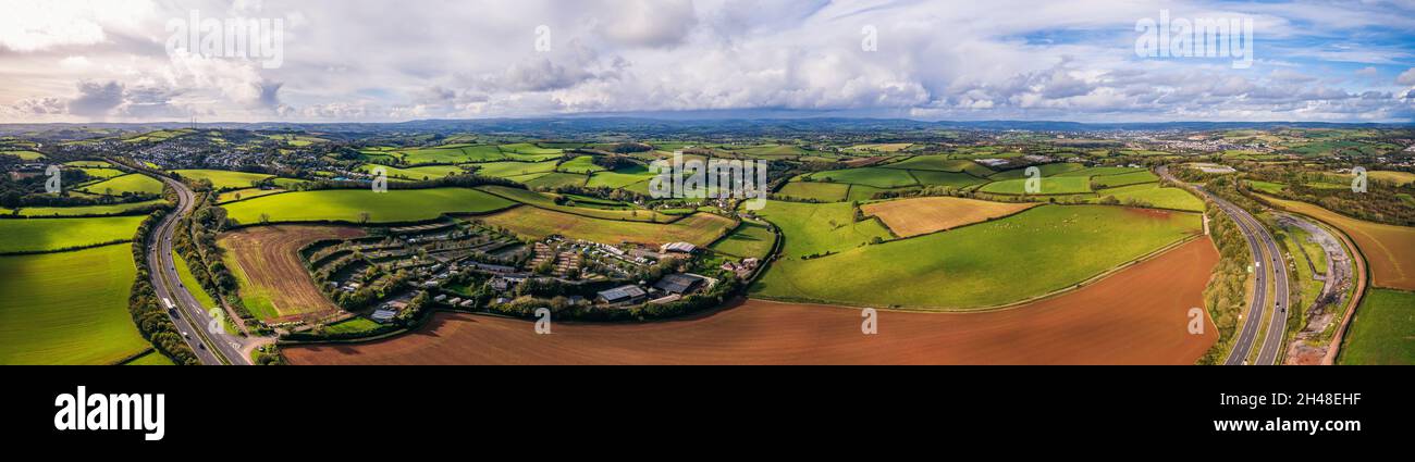 Panorama over Widdicombe Farm from a drone, Torquay, Devon, England ...