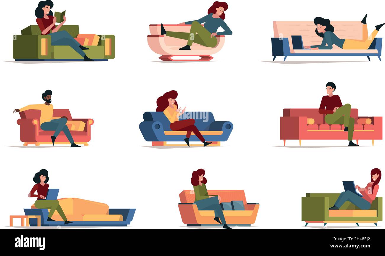 Lazy people. Relaxing persons rest on couch sleeping characters garish ...