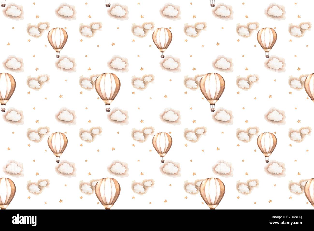 Watercolor seamless pattern with air balloon and clouds. Hand drawn ...