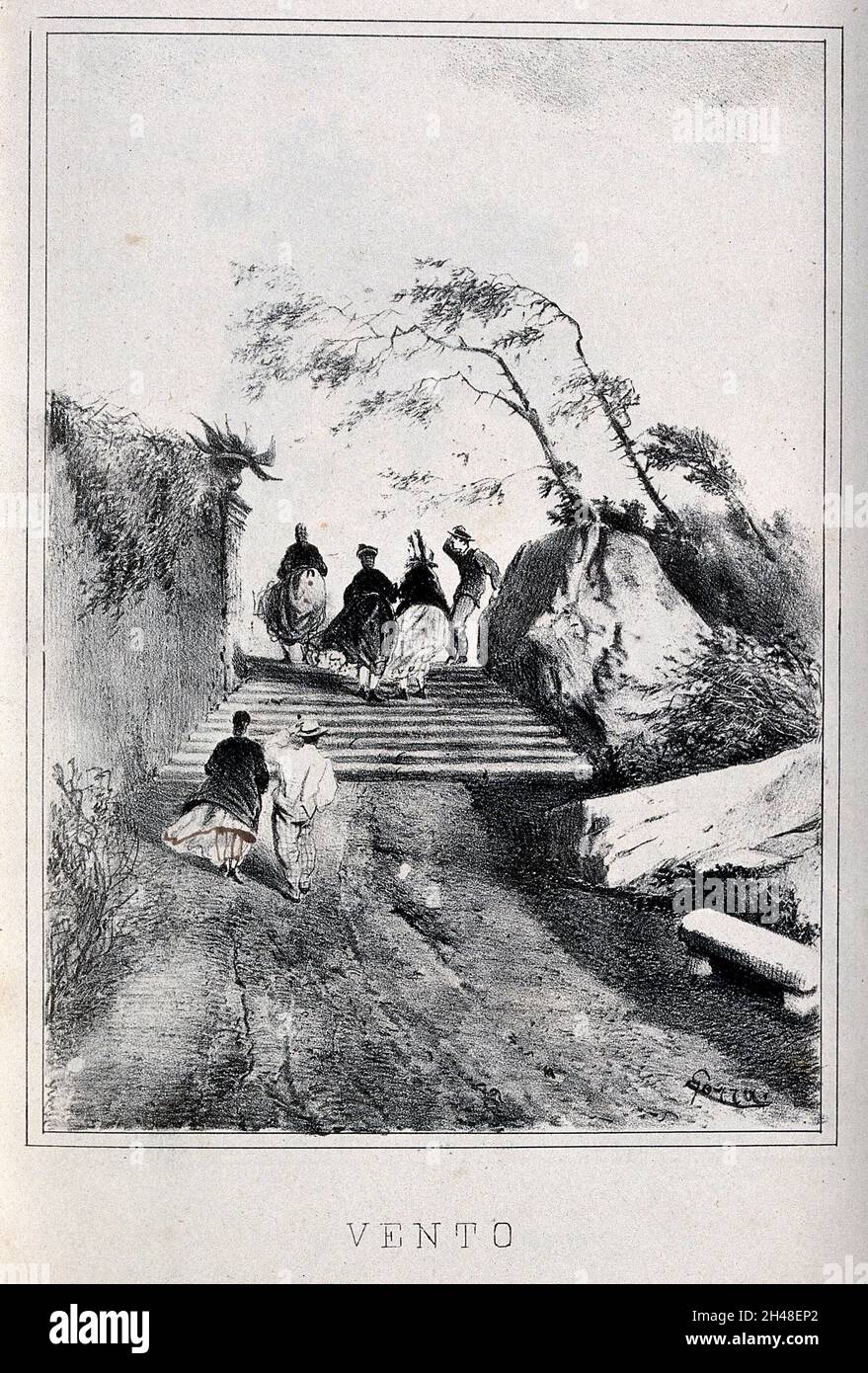 A group of people walking in a windy weather. Lithograph by G. Gorra ...