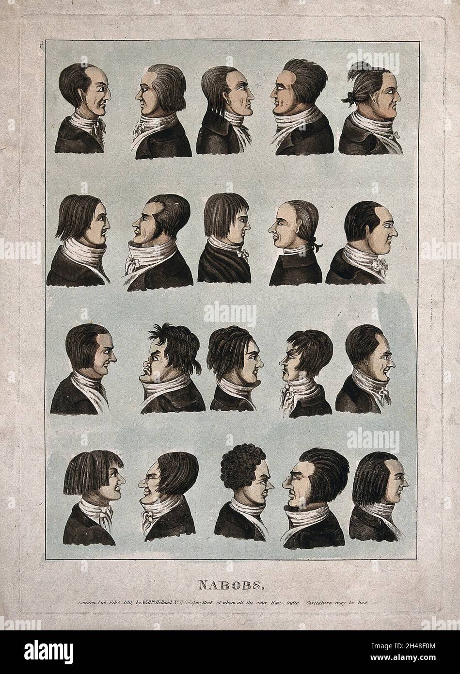 Heads and faces of twenty men facing one another in pairs. Coloured ...
