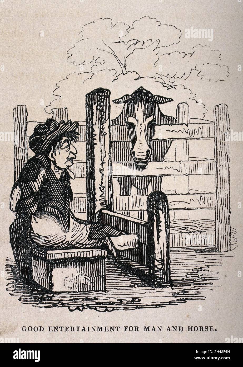 A man confined to the stocks with his legs is watched by a horse from ...