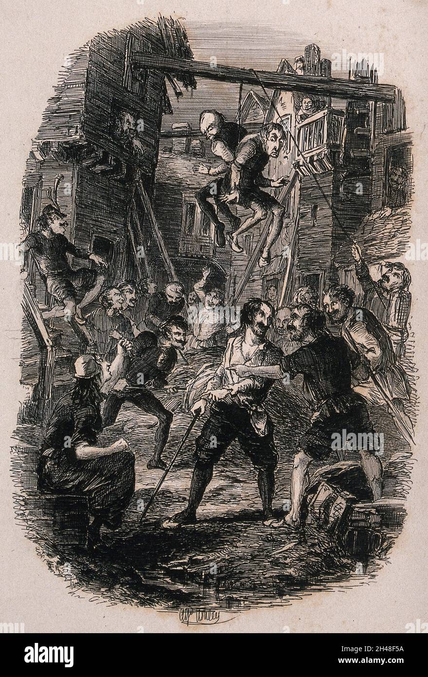 A group of men embroiled in a fight in the street while two men are ...