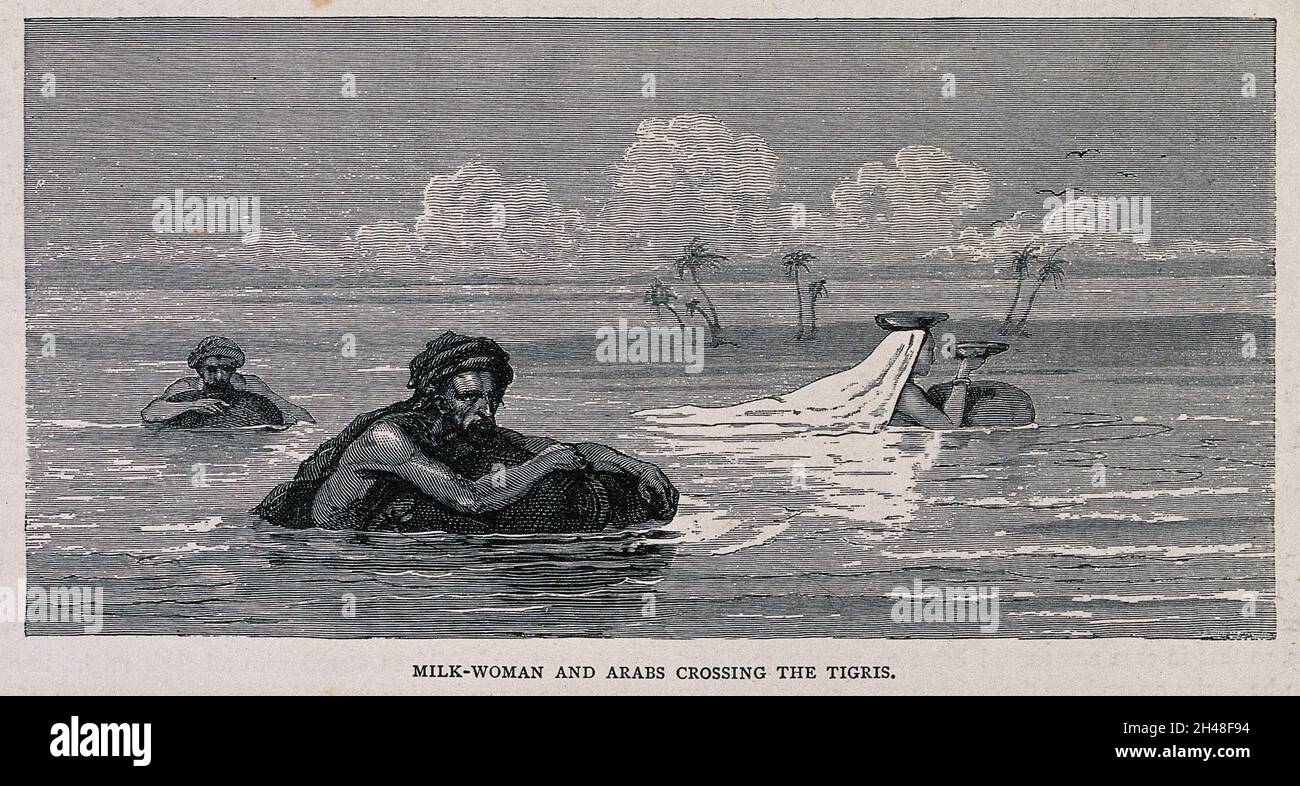 Two men and a woman crossing the river Tigris on inflated skins. Wood ...