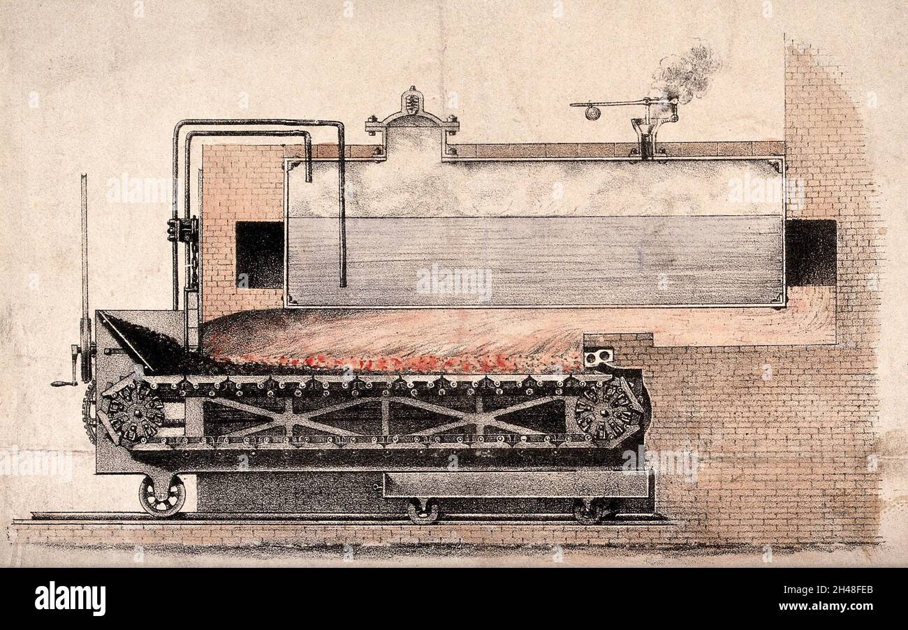 Engineering: a patent furnace with continuous solid-fuel feed. Coloured ...