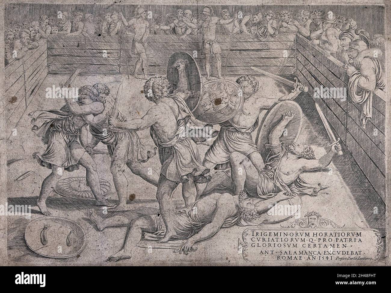 The fight between the Horatii and the Curiatii in an arena surrounded ...