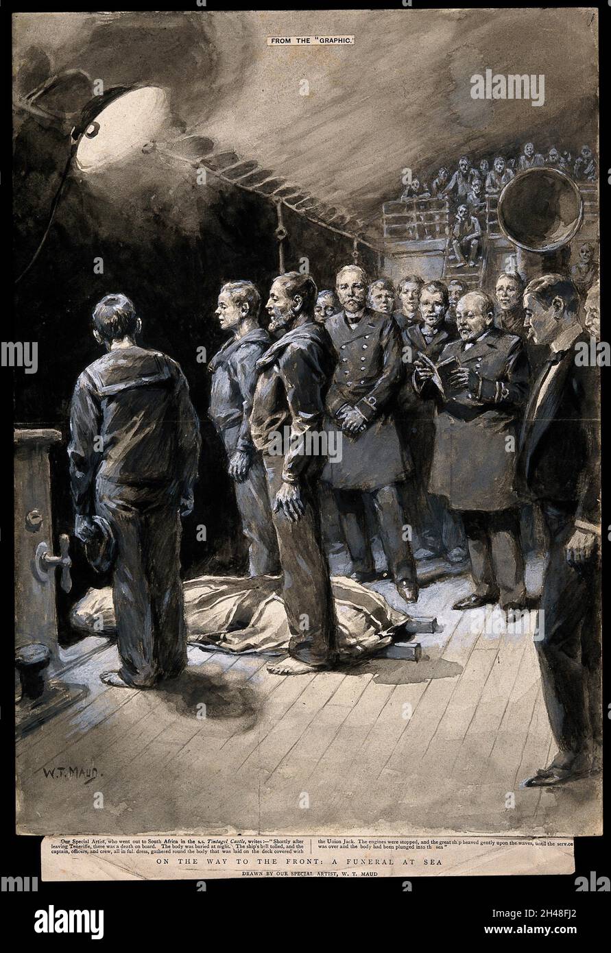 Boer War: a funeral on board a ship at night with officers and crew ...