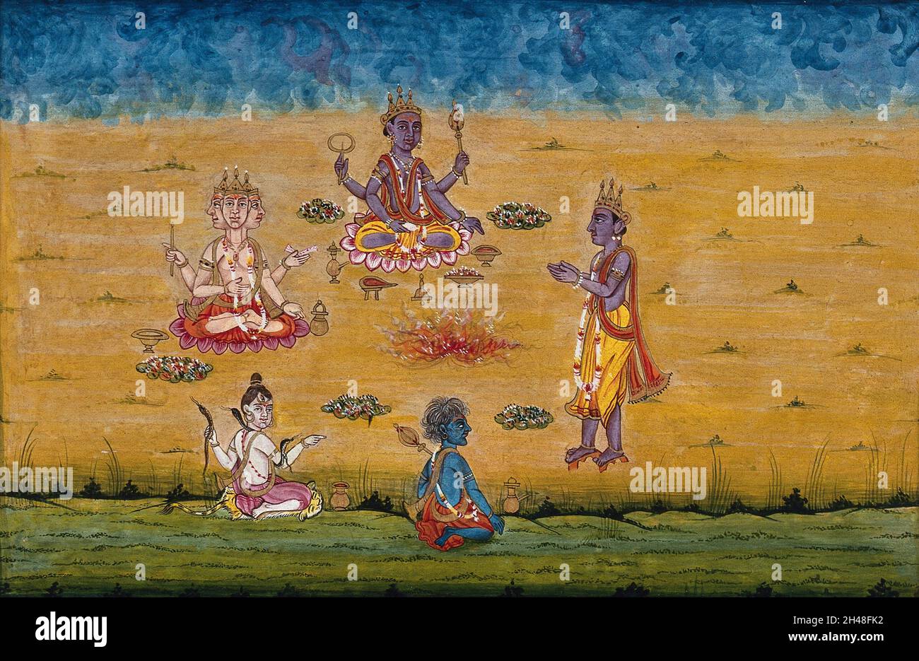 A man prays to Brahman, Vishnu and Shiva and another deity as they ...