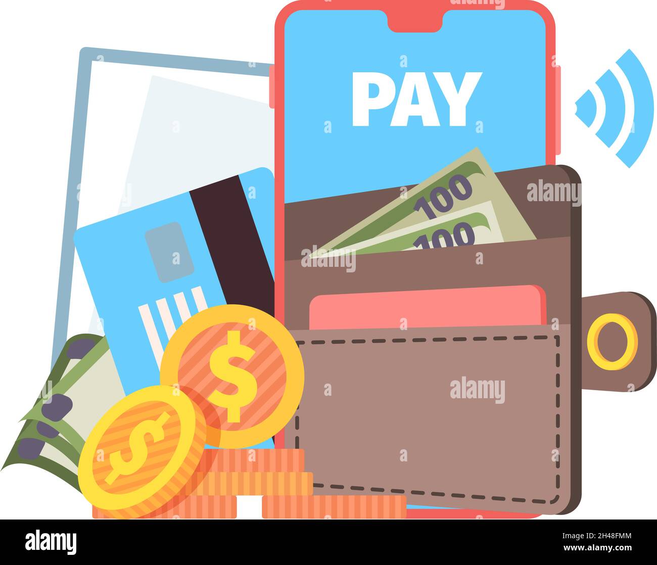 Online wallet concept. Phone contactless pay, purse with cash money on ...