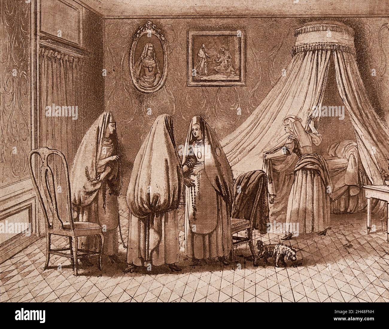 Three women in a room are talking among themselves as another arranges ...