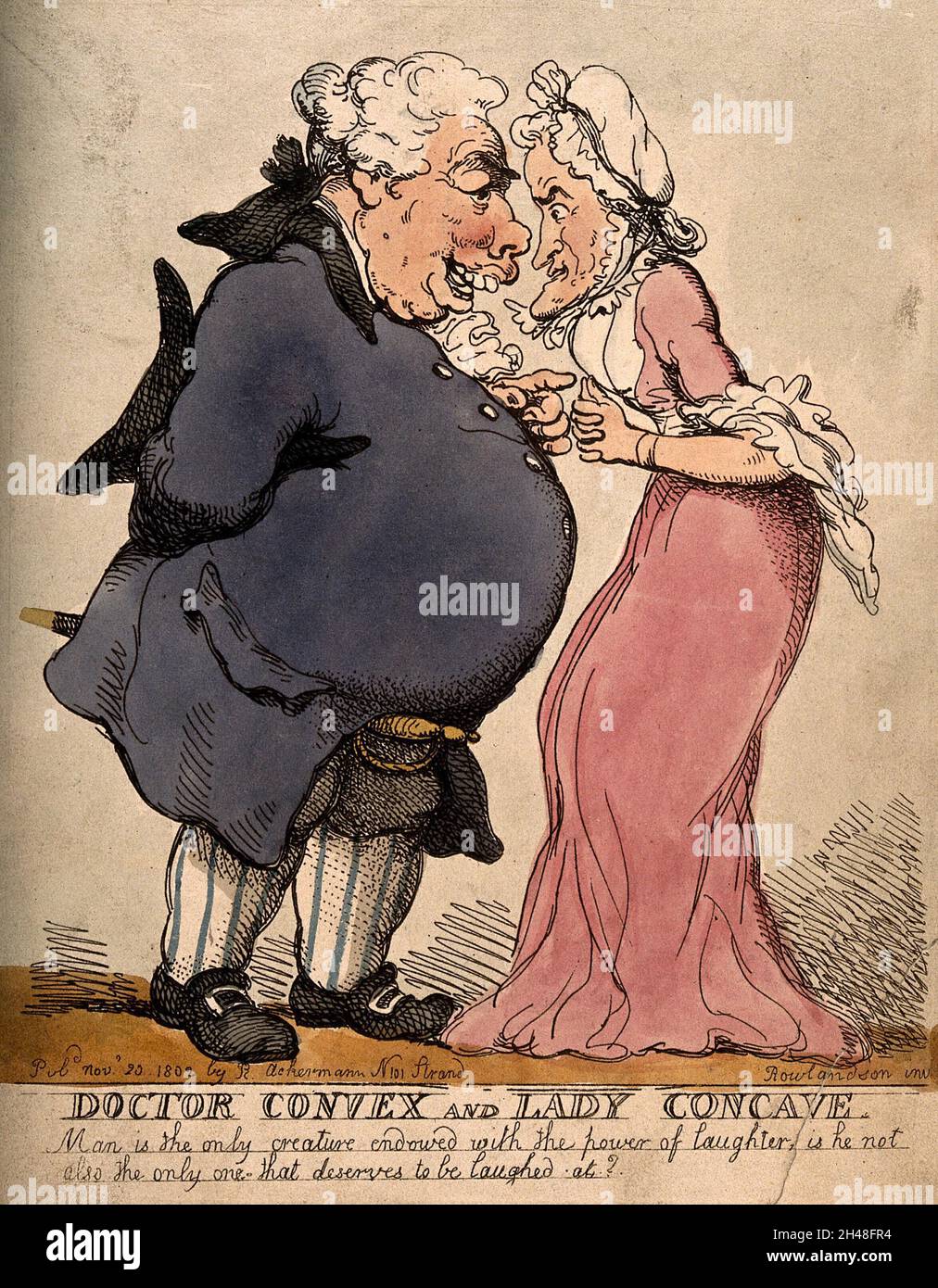 A tall lean woman having a discussion with an obese man. Coloured ...