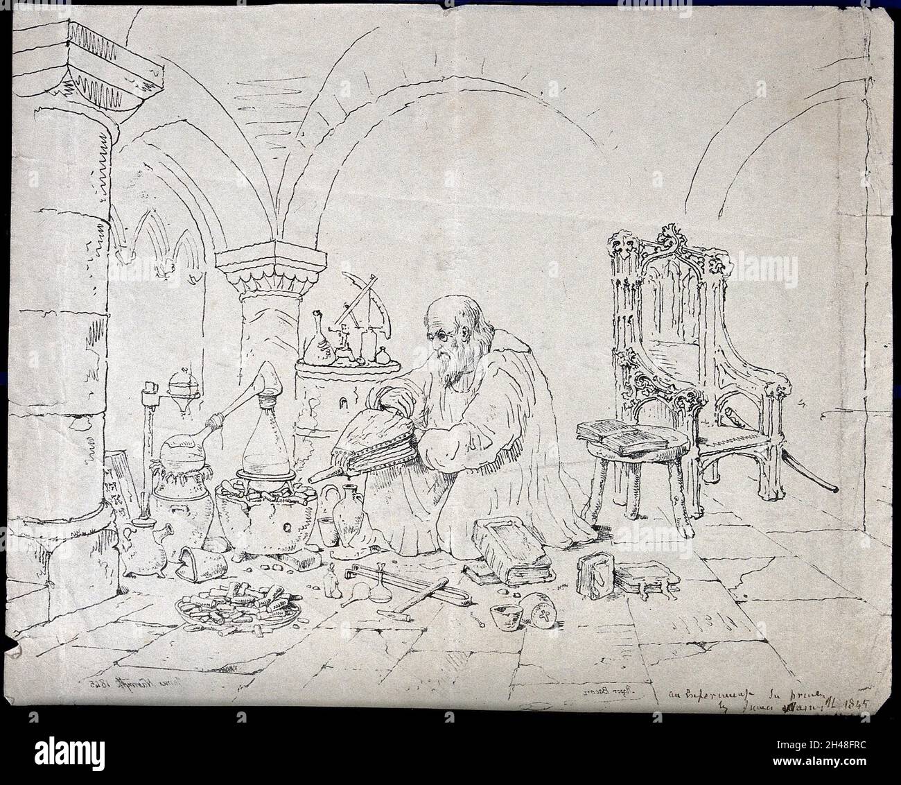 Roger Bacon conducting an alchemical experiment in a vaulted cloister ...