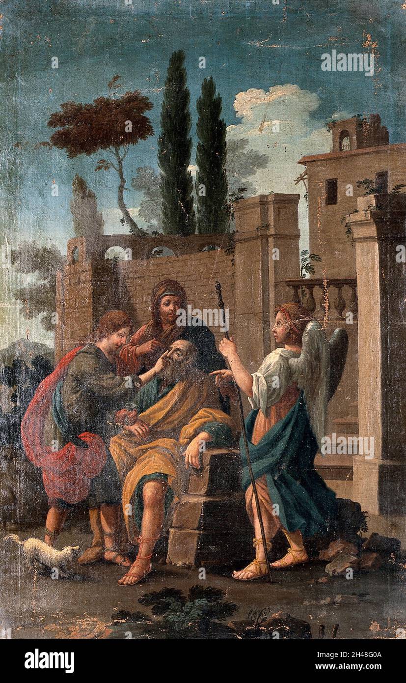 Tobias curing the blindness of Tobit, with Anna and Raphael. Oil ...