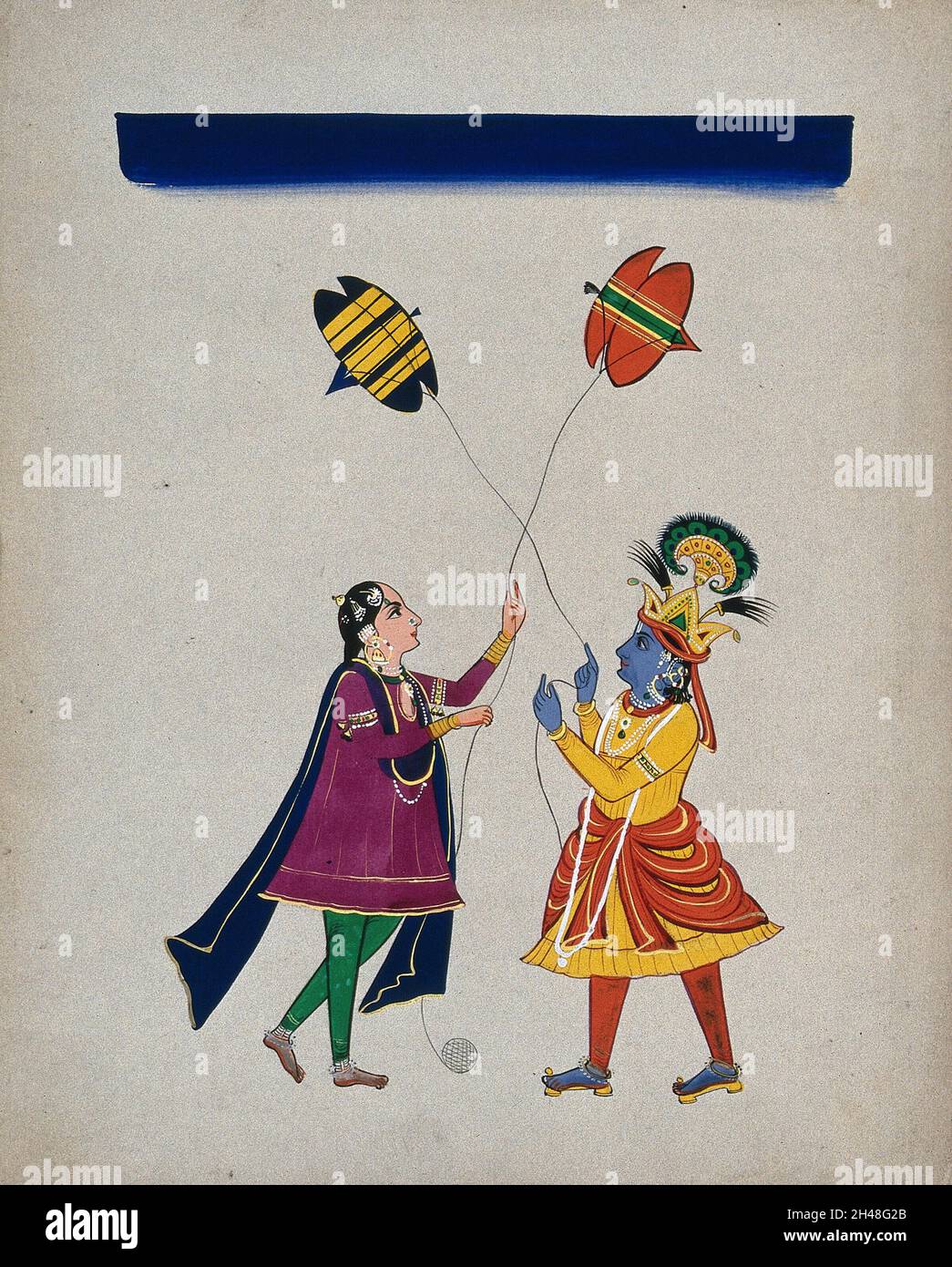 Krishna and Radha flying kites. Gouache painting by an Indian artist ...