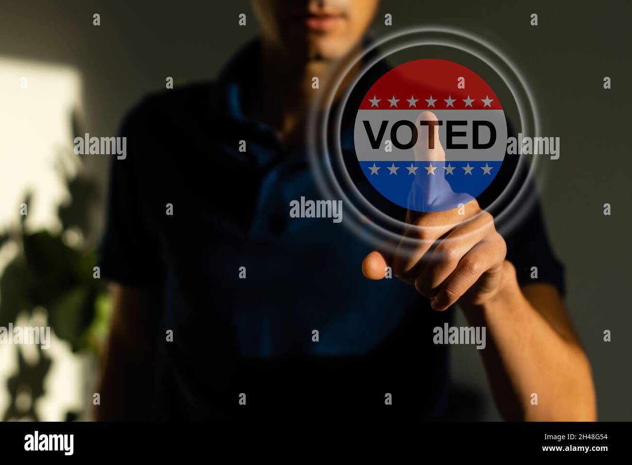 Businessman pointing VOTE button on virtual screen, election campaign ...