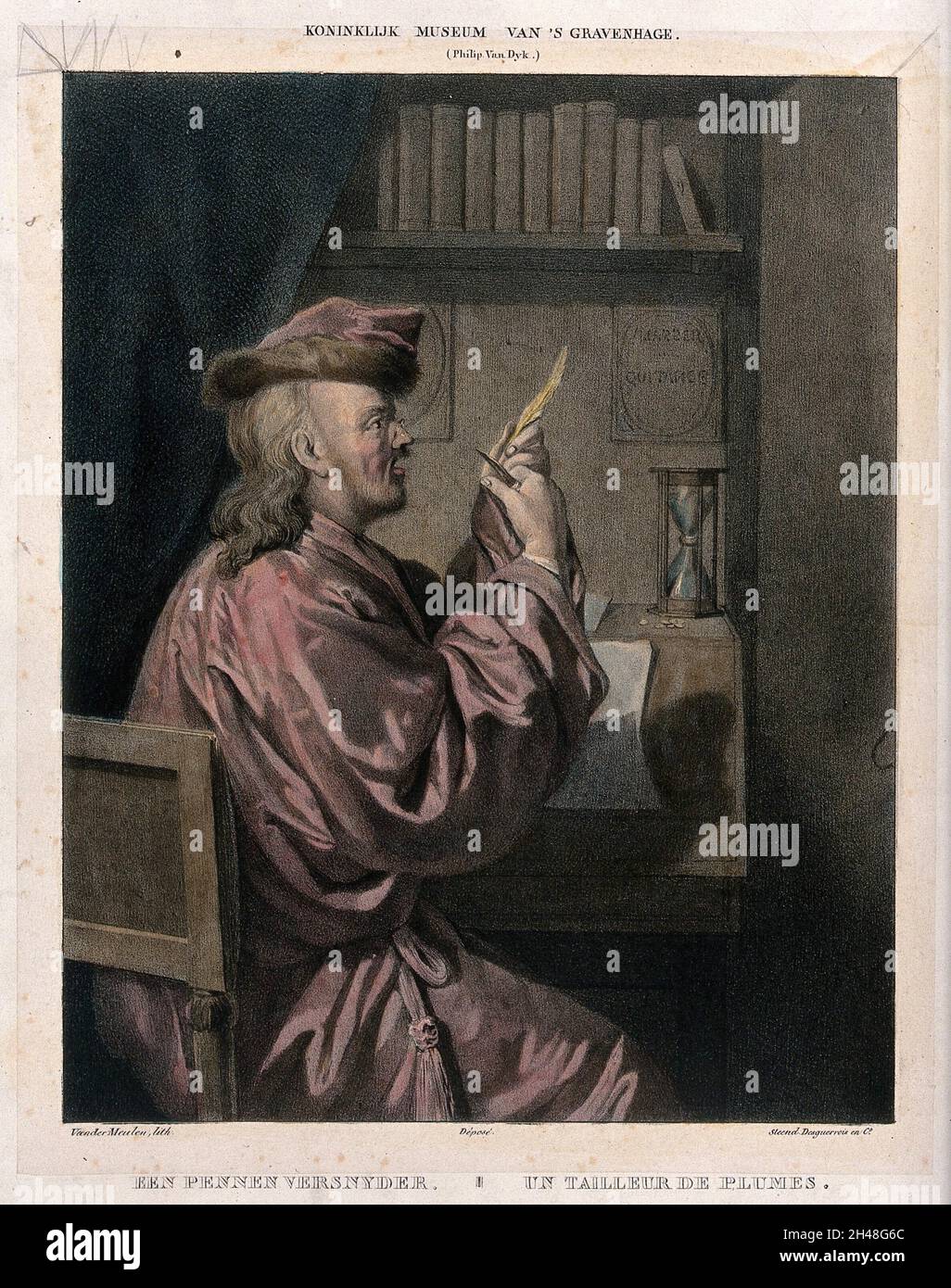 A man sits at a desk sharpening a quill pen with a knife. Coloured ...