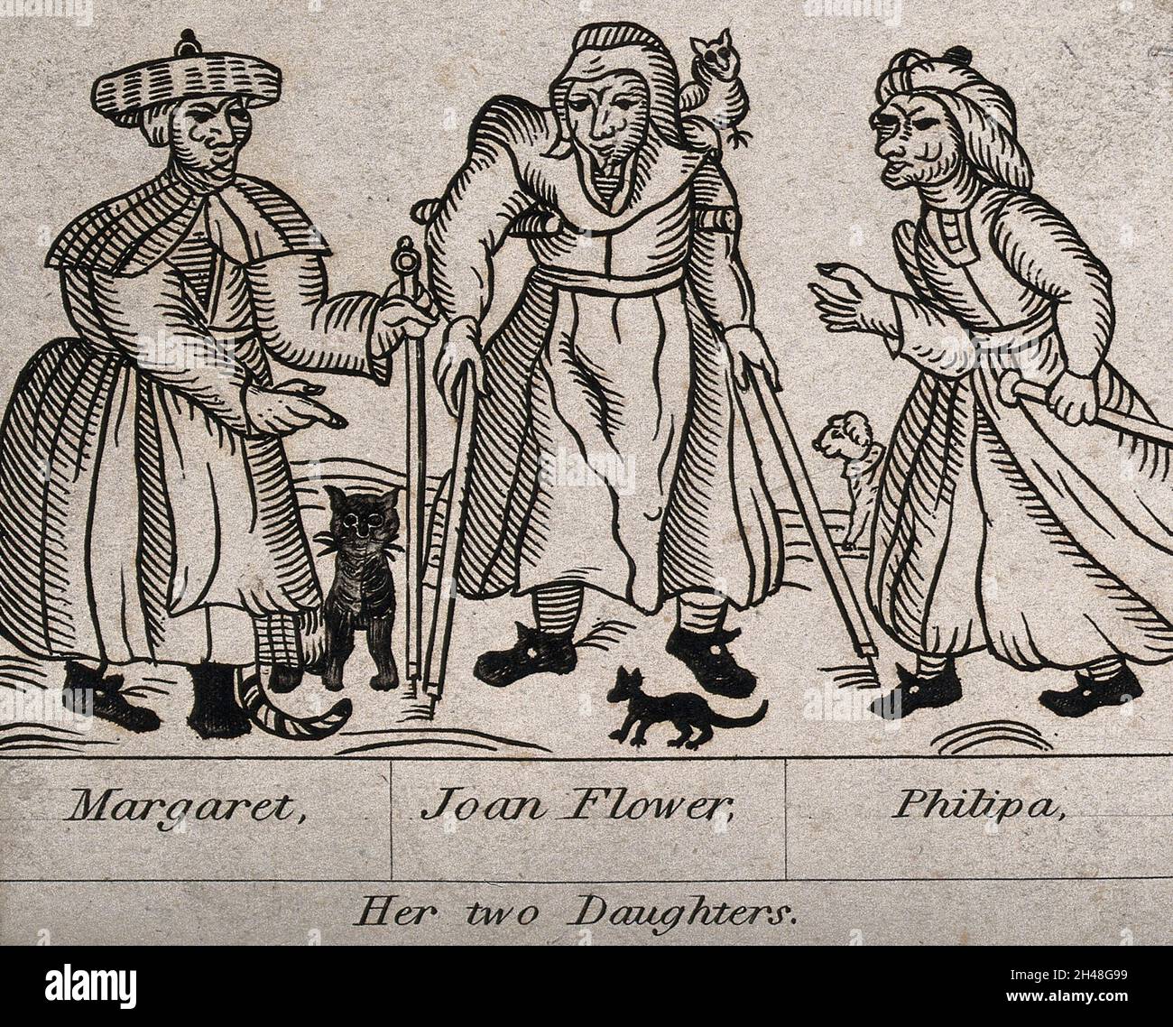 Three witches with a cat, a dog and a bird. Engraving, ca. 1800, after ...