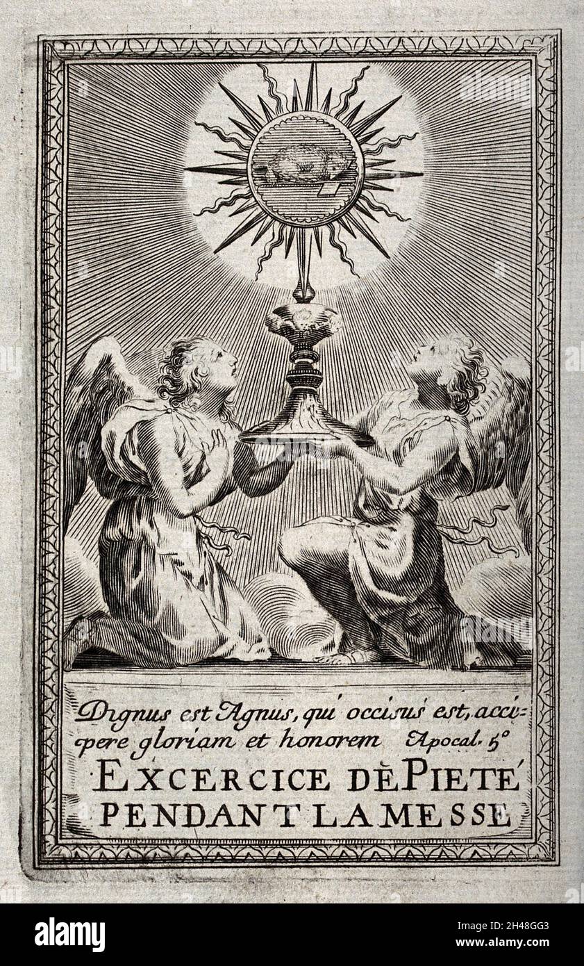 Angels venerating a monstrance containing an image of the lamb on the ...