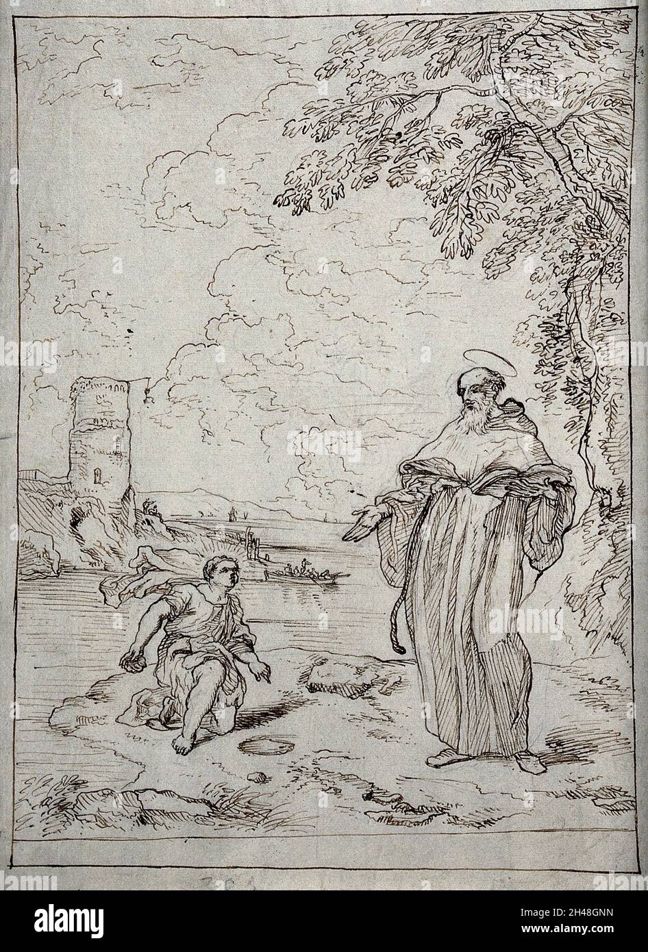 Saint Augustine meditating upon the Trinity before a child holding a ...