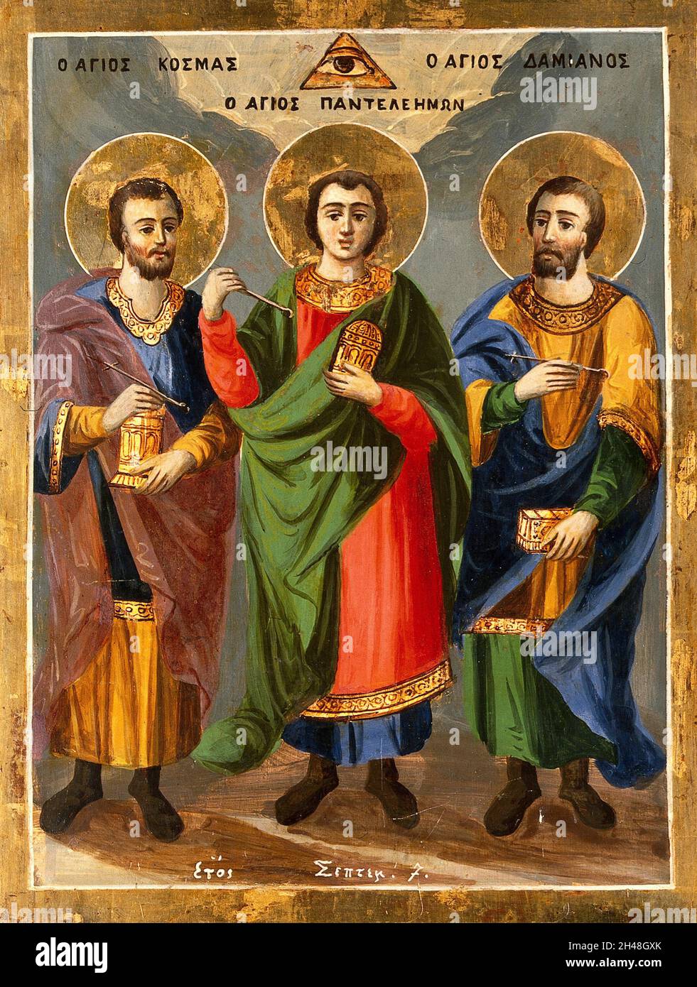 Saint Cosmas, Saint Panteleimon and Saint Damian. Tempera painting ...
