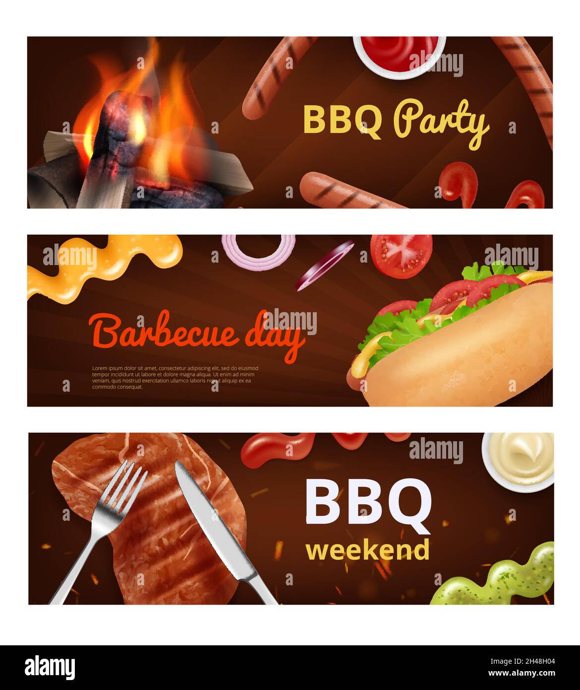 Bbq banners. Meal sausage for grill party hot dog burgers with steak ...