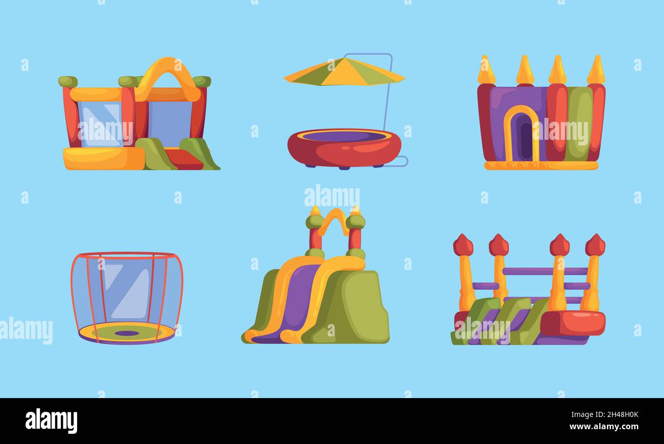 Inflatable trampolines. Jumping persons entertainment funny games for teenagers sport cheerful ...