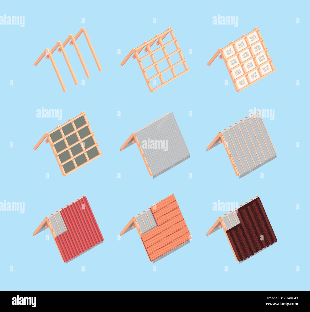 Roofing. Isometric building stages construction material flexible tiles ...